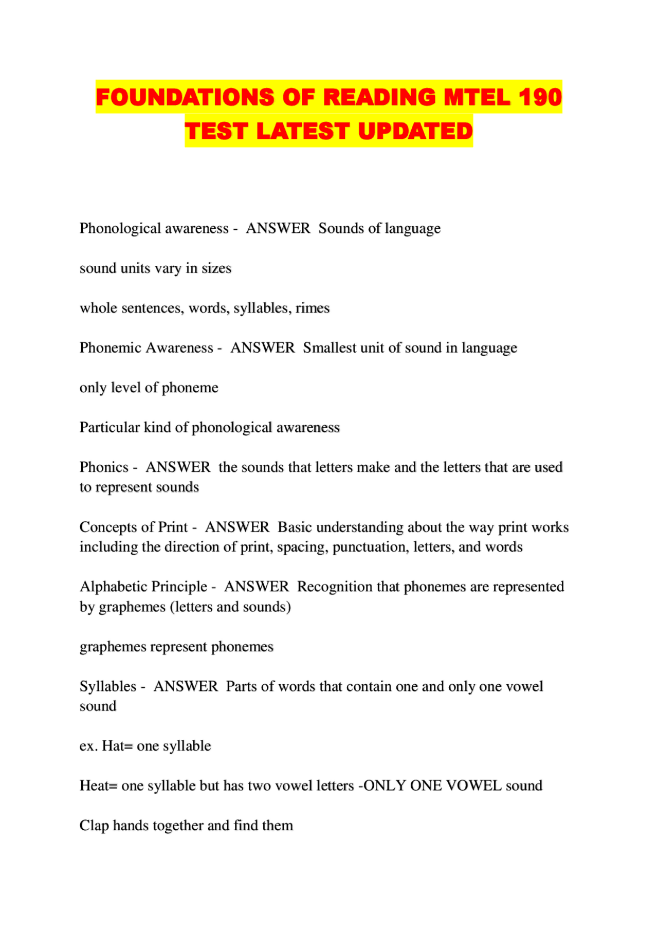 FOUNDATIONS OF READING MTEL 190 TEST LATEST UPDATED | Exams Advanced ...