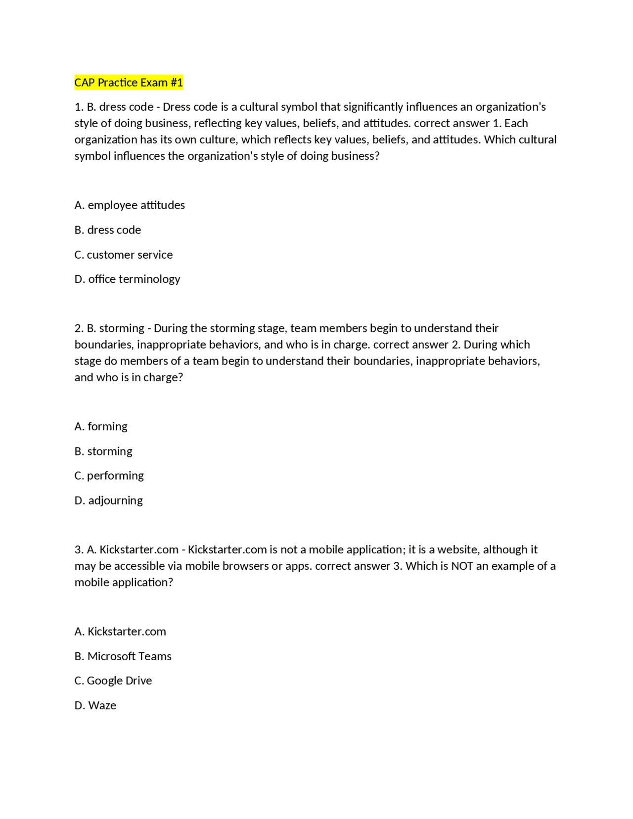 CAP Practice Examination Questions #1 | Exams Business Accounting | Docsity