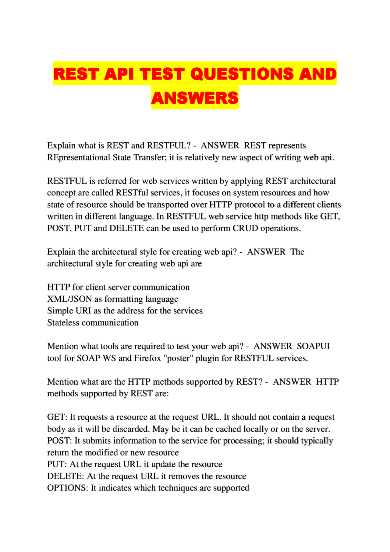 REST API TEST QUESTIONS AND ANSWERS | Exams Advanced Education | Docsity