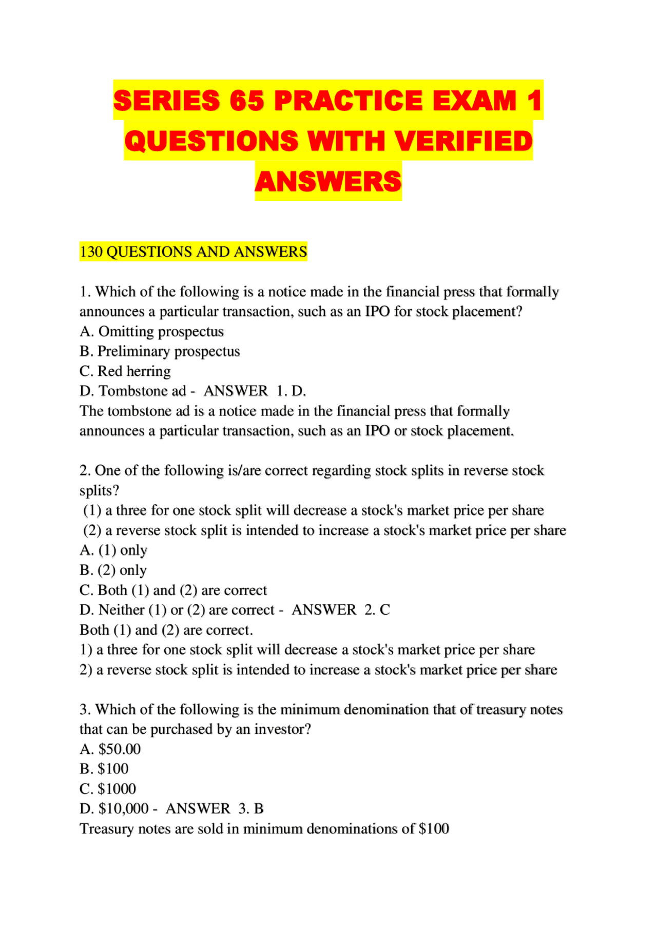 SERIES 65 PRACTICE EXAM 1 QUESTIONS WITH VERIFIED ANSWERS | Exams ...
