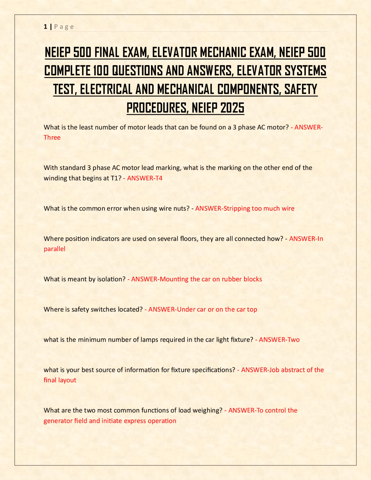 NEIEP 500 FINAL EXAM, ELEVATOR MECHANIC EXAM, NEIEP 500 COMPLETE 100 ...