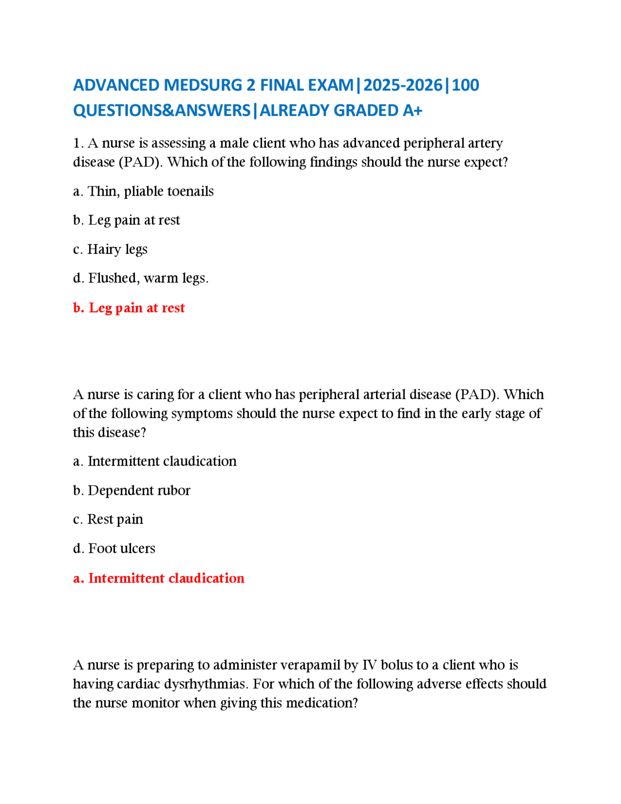 Cardiovascular Nursing: Multiple Choice Questions and Answers | Exams ...