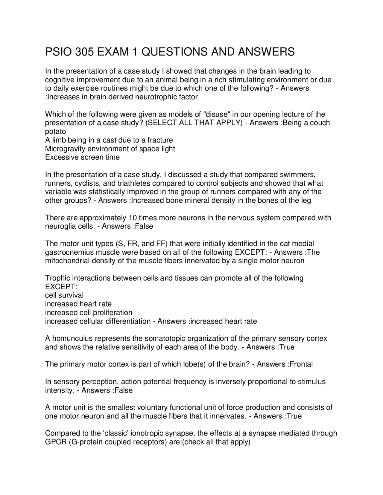 PSIO 305 EXAM 1 QUESTIONS AND ANSWERS | Exams Social Sciences | Docsity