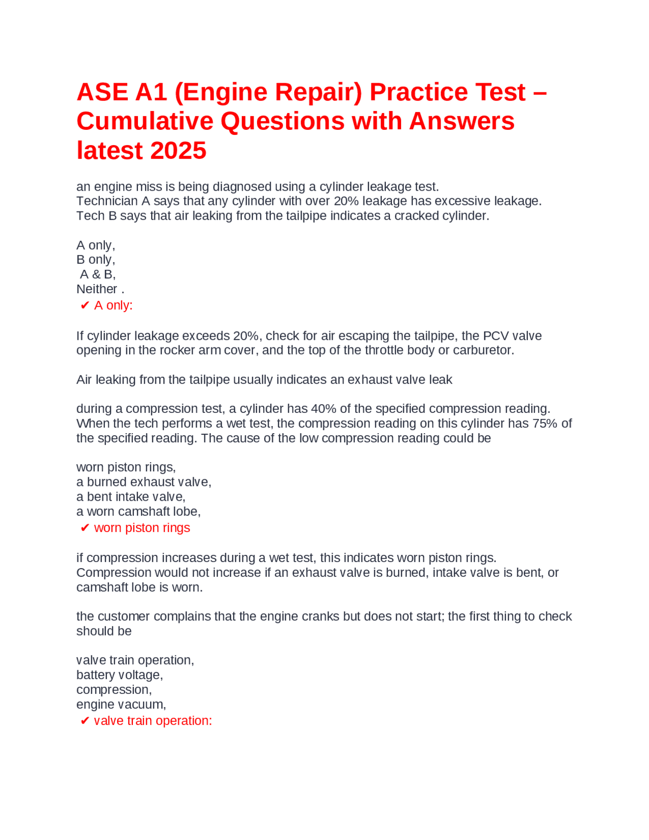 ASE A1 (Engine Repair) Practice Test – Cumulative Questions with ...