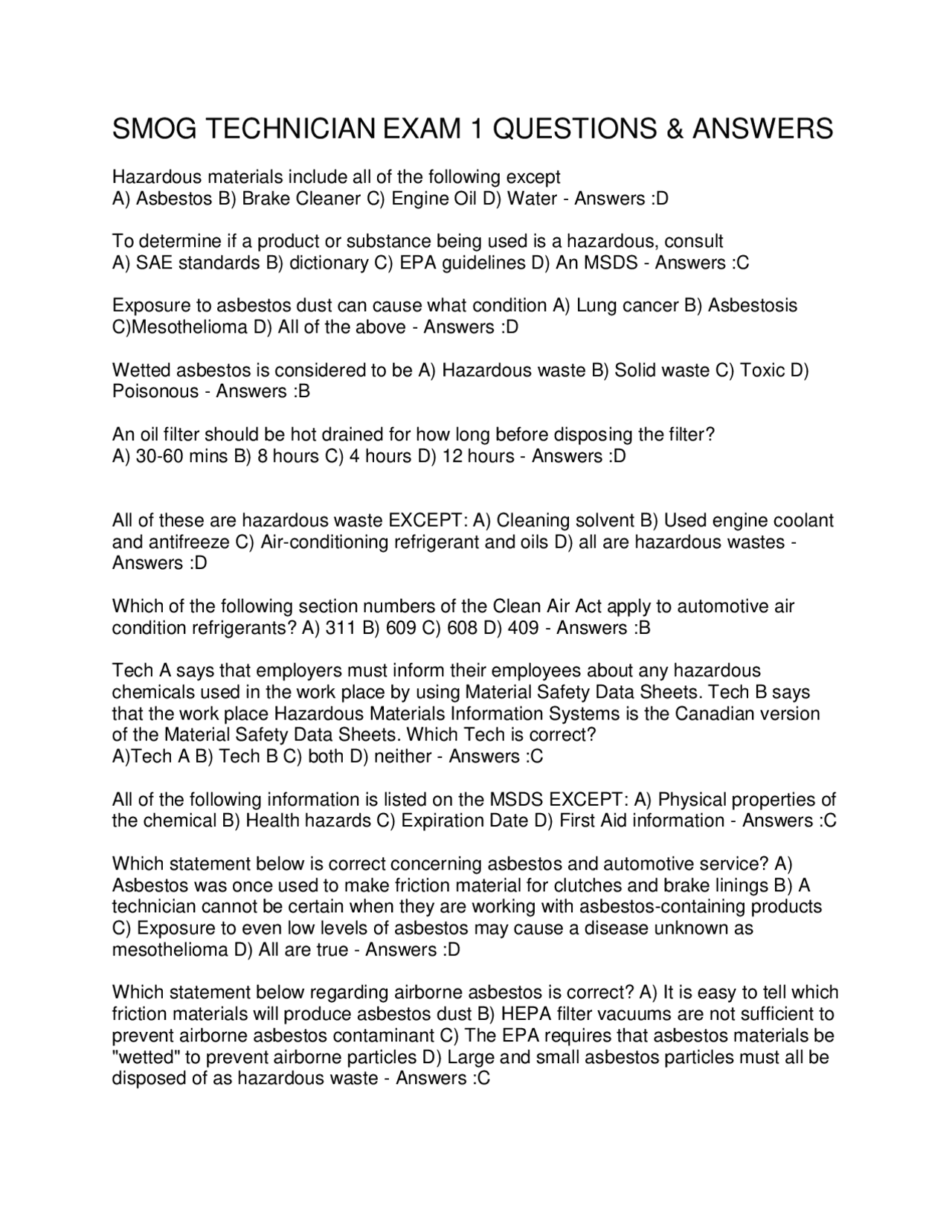 SMOG TECHNICIAN EXAM 1 QUESTIONS & ANSWERS | Exams Social Sciences ...