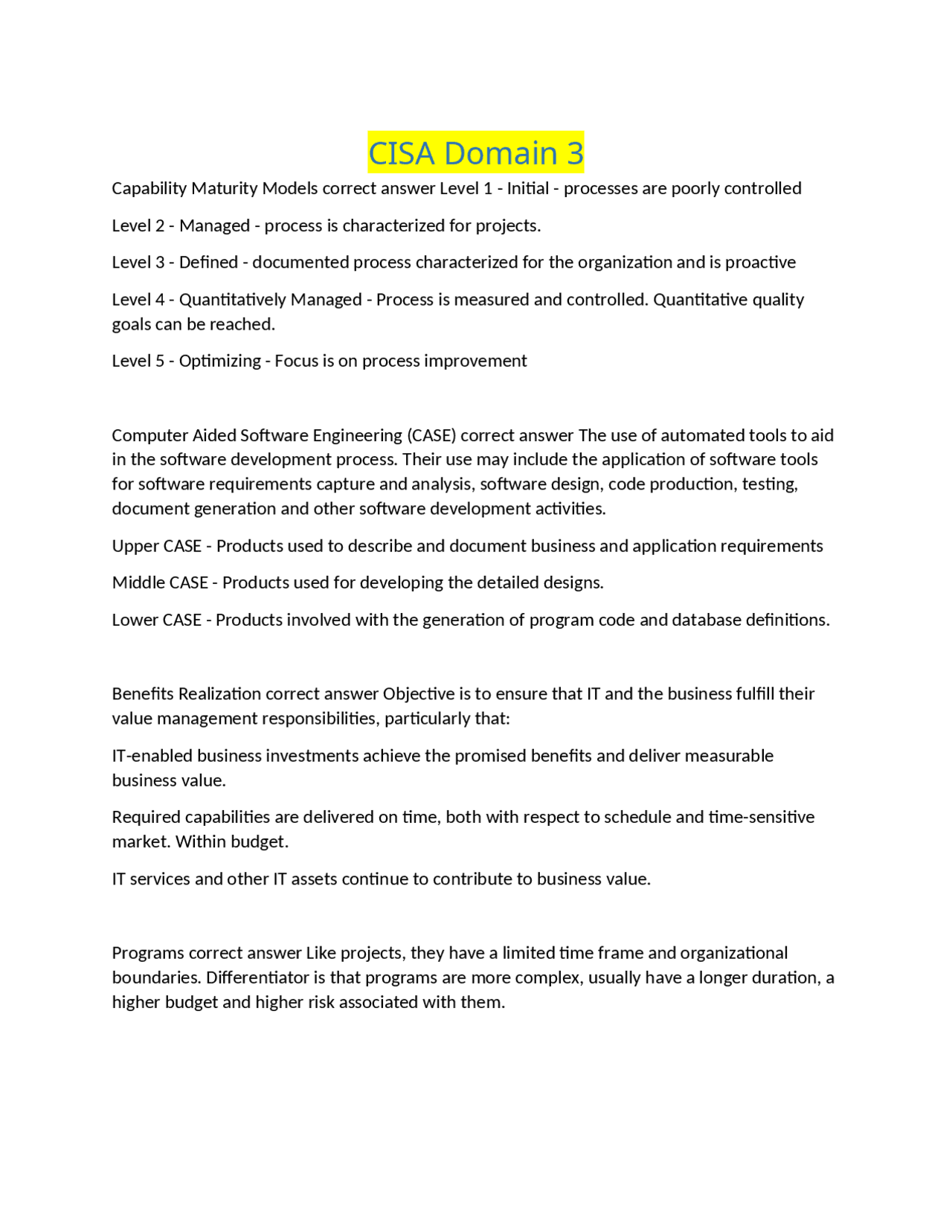 CISA Domain 3 Sample Questions | Exams Business Systems | Docsity