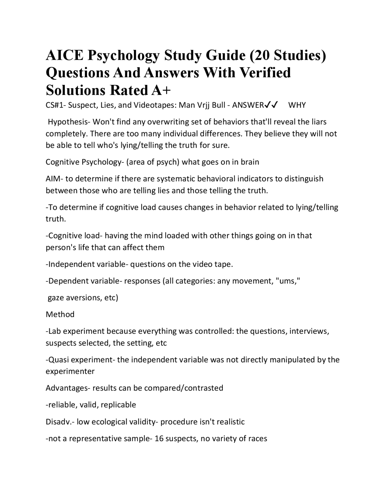 AICE Psychology Study Guide (20 Studies) Questions And Answers With ...