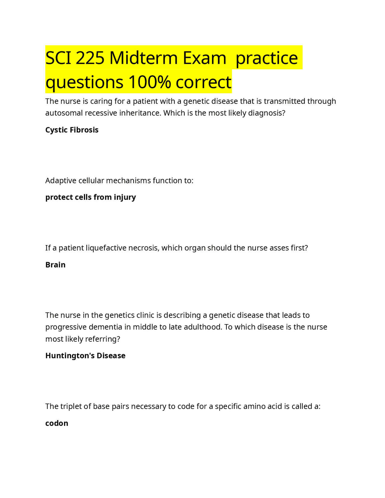 SCI 225 Midterm Exam practice questions 100% correct | Exams Nursing | Docsity