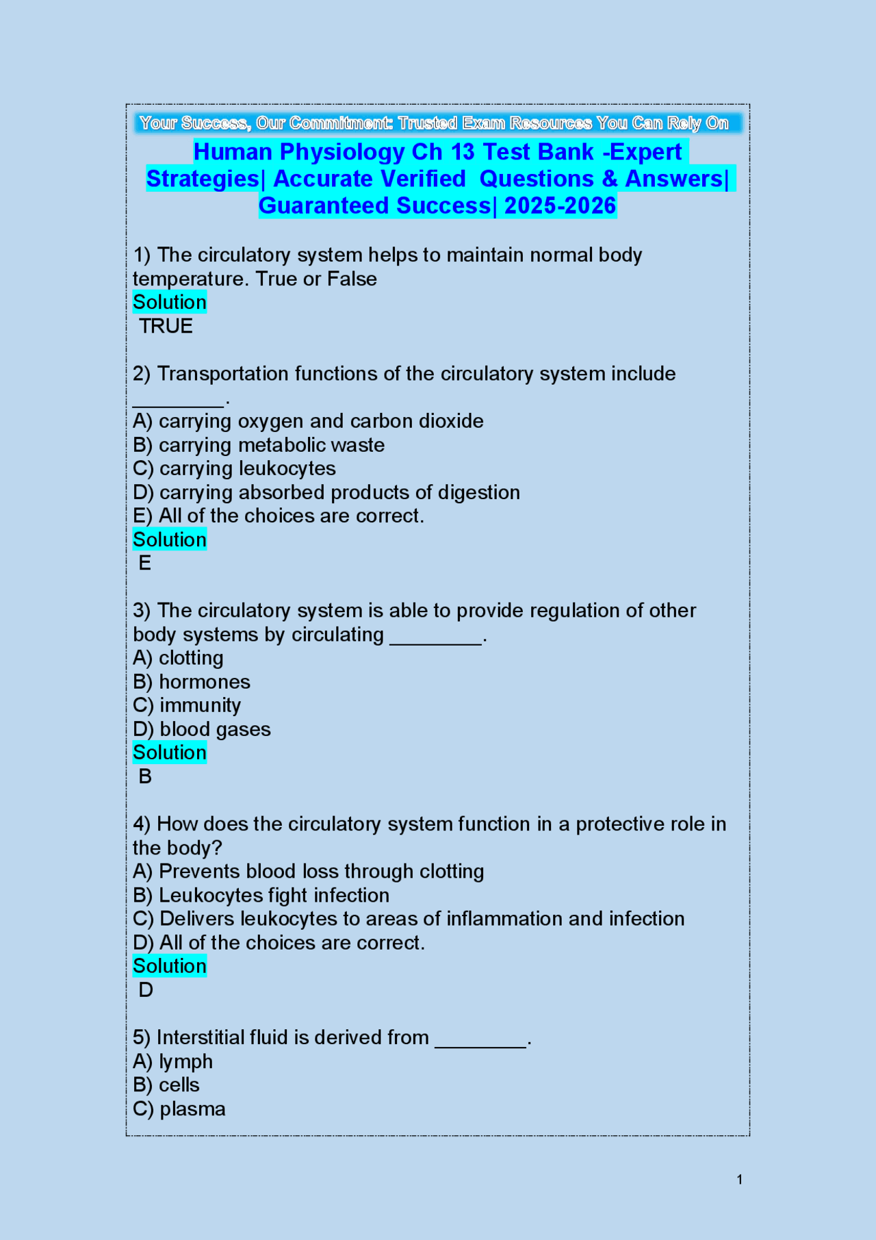 Human Physiology Ch 13 Test Bank -Expert Strategies| Accurate Verified ...