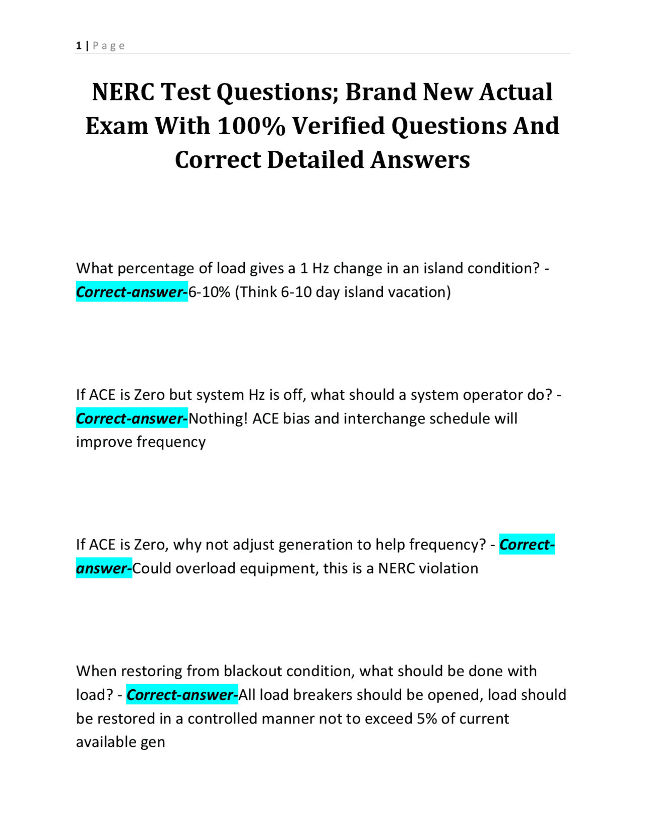 NERC Test Questions; Brand New Actual Exam With 100% Verified Questions ...