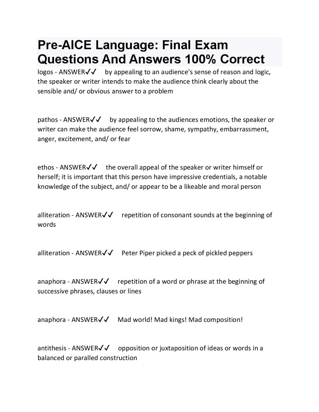Pre-AICE Language: Final Exam Questions And Answers 100% Correct ...