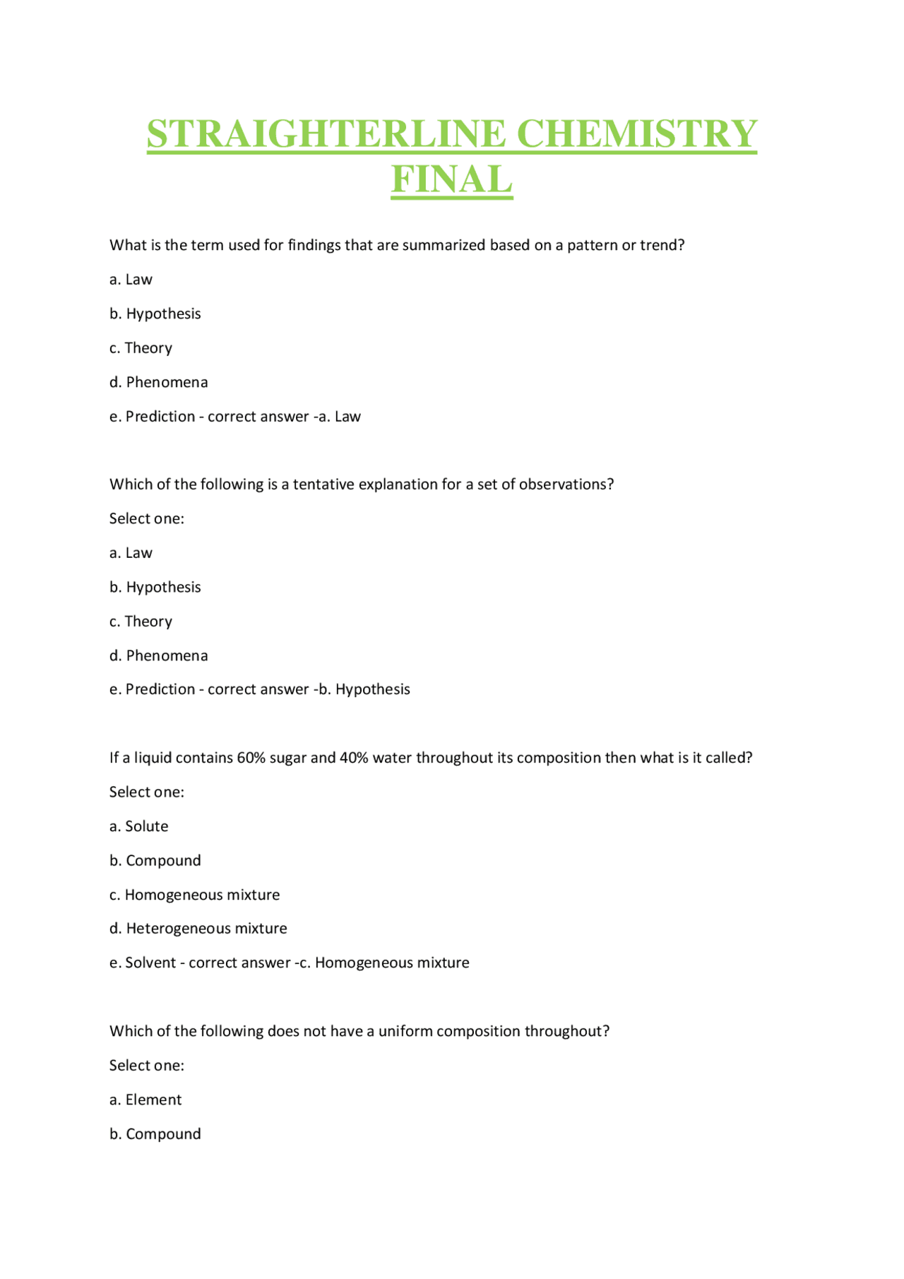 STRAIGHTERLINE CHEMISTRY FINAL | Exams Applied Chemistry | Docsity