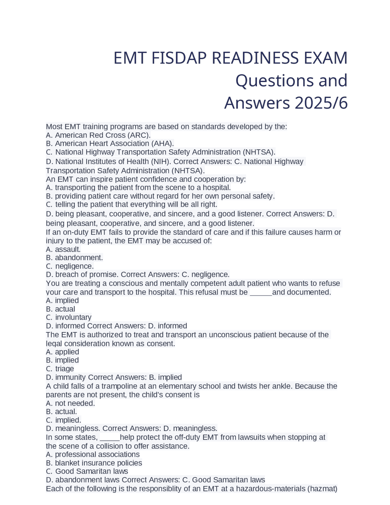 EMT FISDAP READINESS EXAM Questions and Answers 2025/6 | Exams Nursing | Docsity