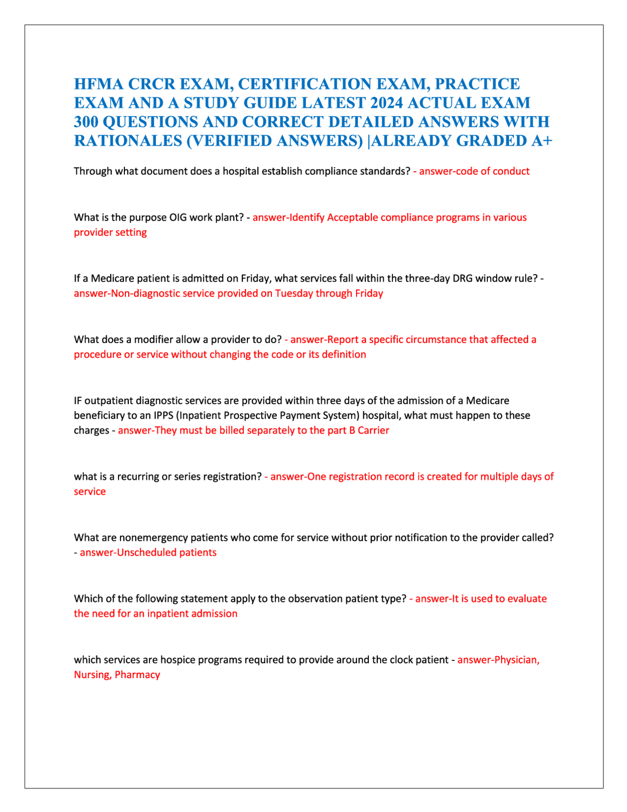 HFMA CRCR Certification Exam Prep 80 Questions with Verified Answers ...