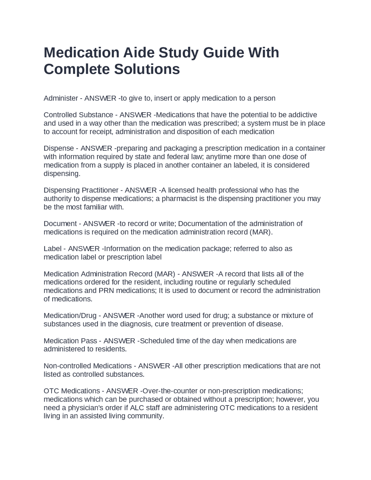 Medication Aide Study Guide With Complete Solutions | Exams Nursing ...