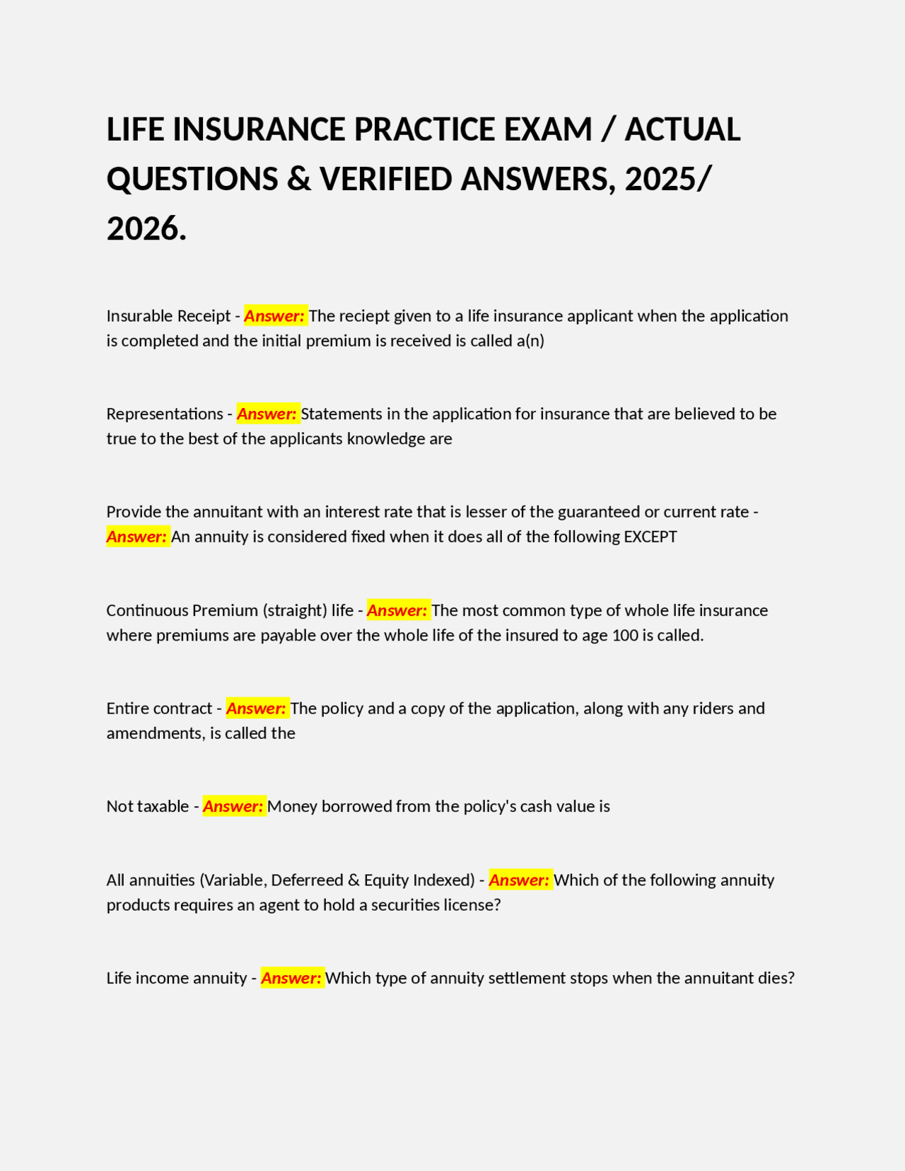 LIFE INSURANCE PRACTICE EXAM / ACTUAL QUESTIONS & VERIFIED ANSWERS ...