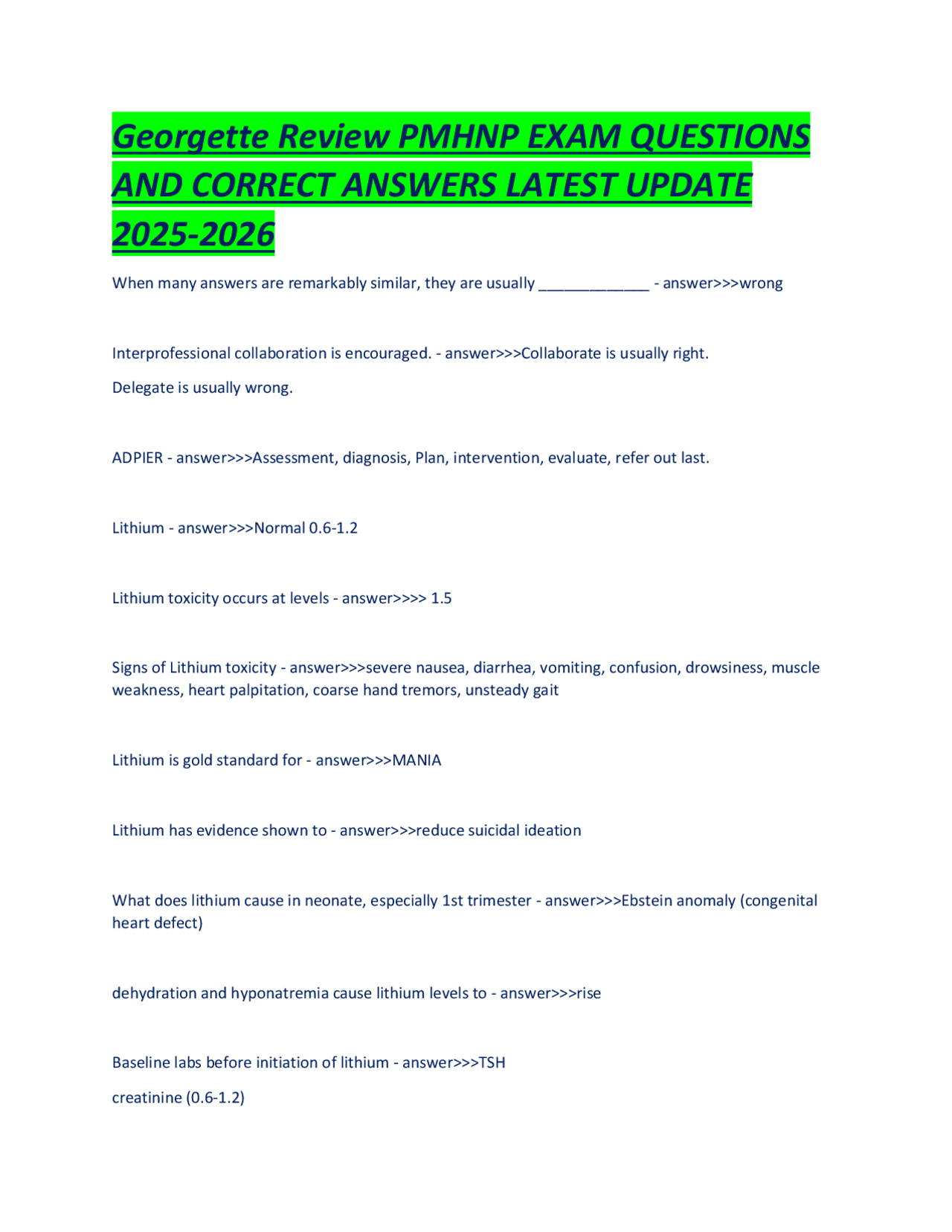 Georgette Review PMHNP EXAM QUESTIONS AND CORRECT ANSWERS LATEST UPDATE ...