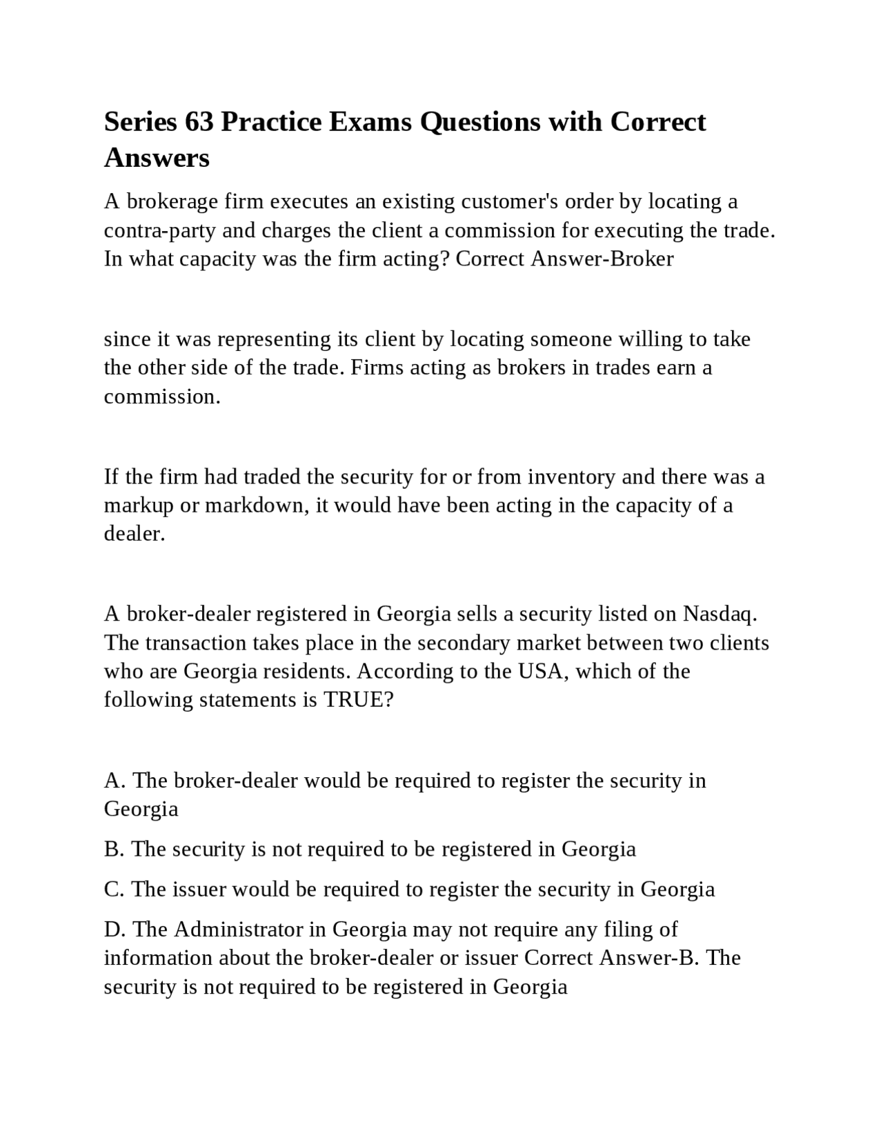Series 63 Exam Practice Questions and Answers: Securities Regulations ...