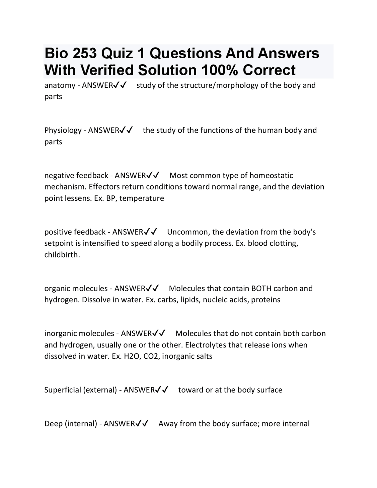 Bio 253 Quiz 1 Questions And Answers With Verified Solution 100% ...