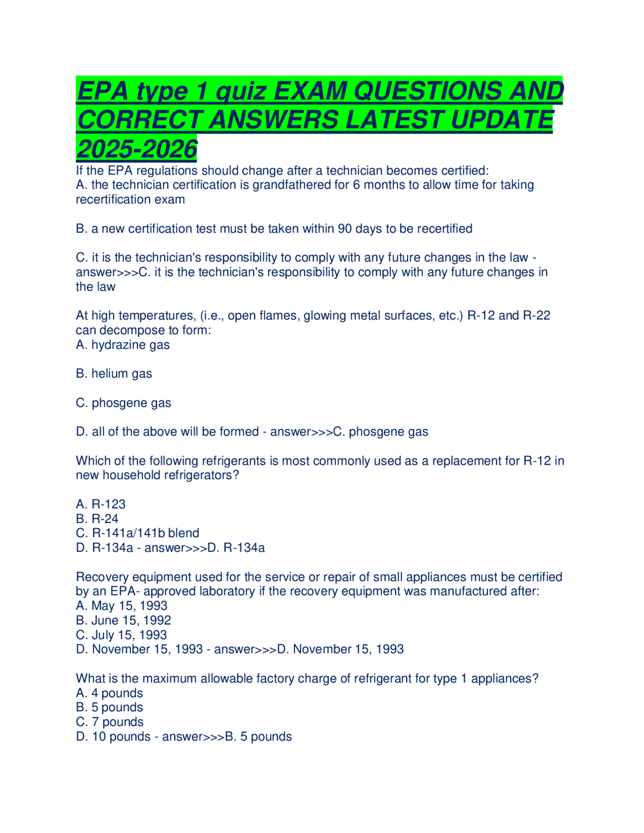 EPA type 1 quiz EXAM QUESTIONS AND CORRECT ANSWERS LATEST UPDATE 2025 ...