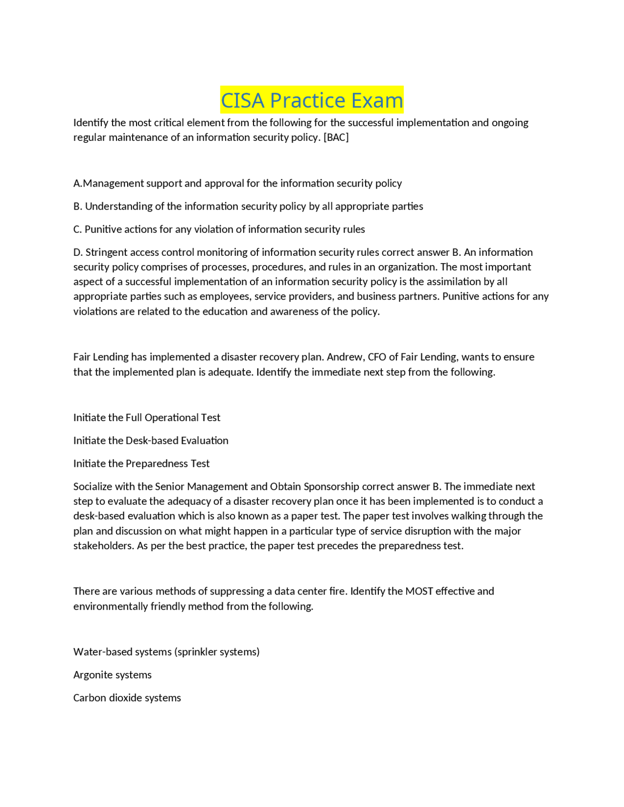 CISA Practice Examination Sample Questions | Exams Business Systems ...