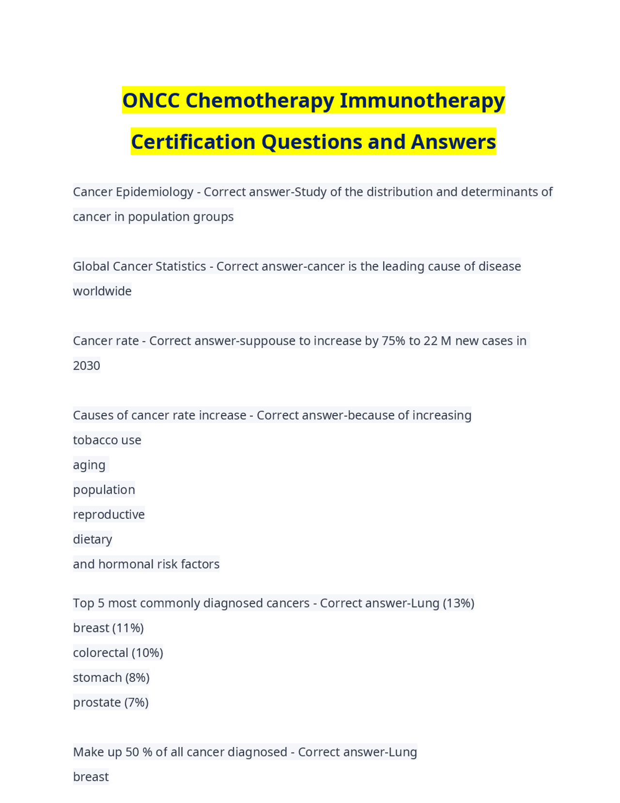 ONCC Chemotherapy Immunotherapy Certification Questions and Answers ...