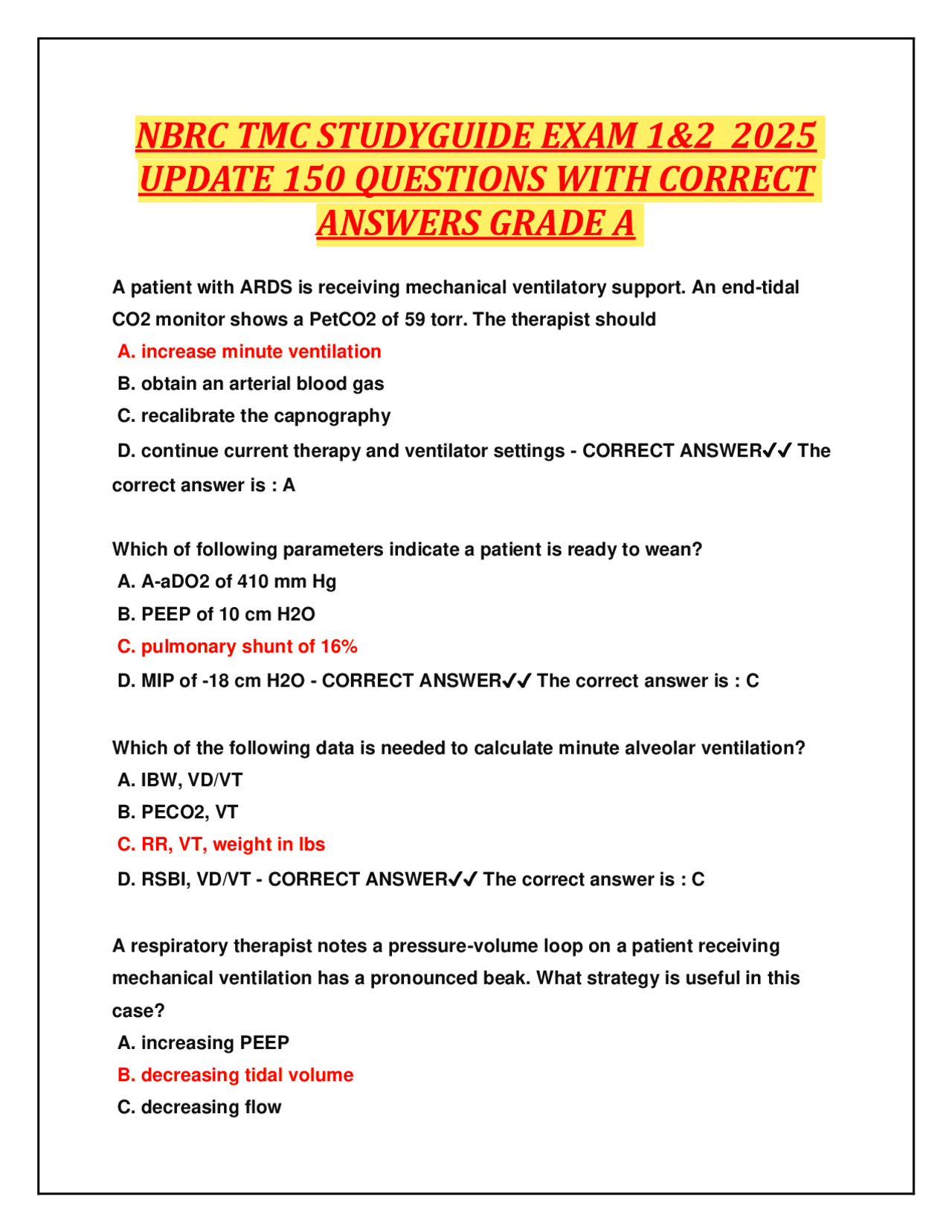 NBRC TMC STUDYGUIDE EXAM 1&2 2025 UPDATE 150 QUESTIONS WITH CORRECT ...