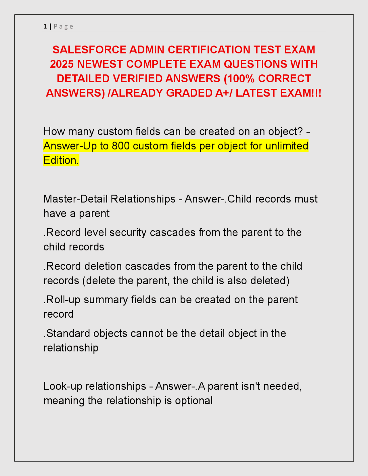 Salesforce Admin Certification Test Exam 2025 Newest Complete Exam Questions With Answers