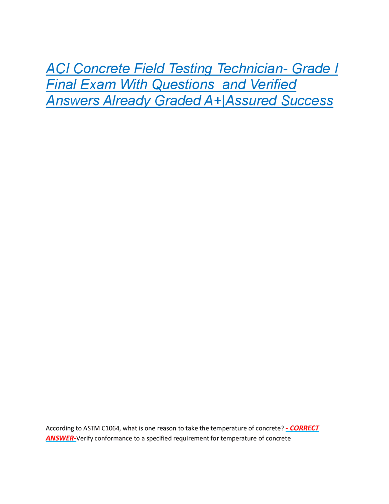 ACI Concrete Field Testing Technician- Grade I Final Exam With ...