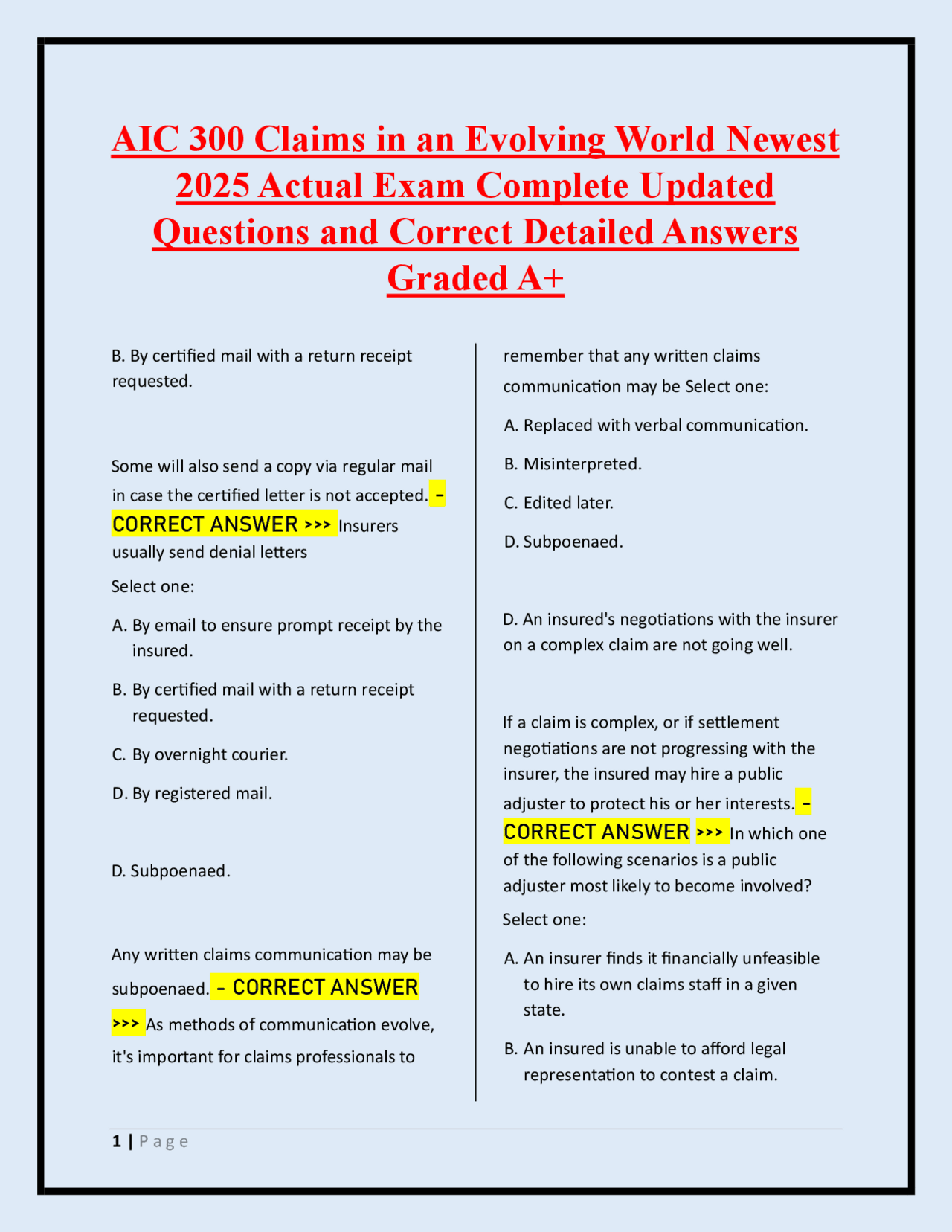 AIC 300 Claims in an Evolving World Newest 2025 Actual Exam Complete ...