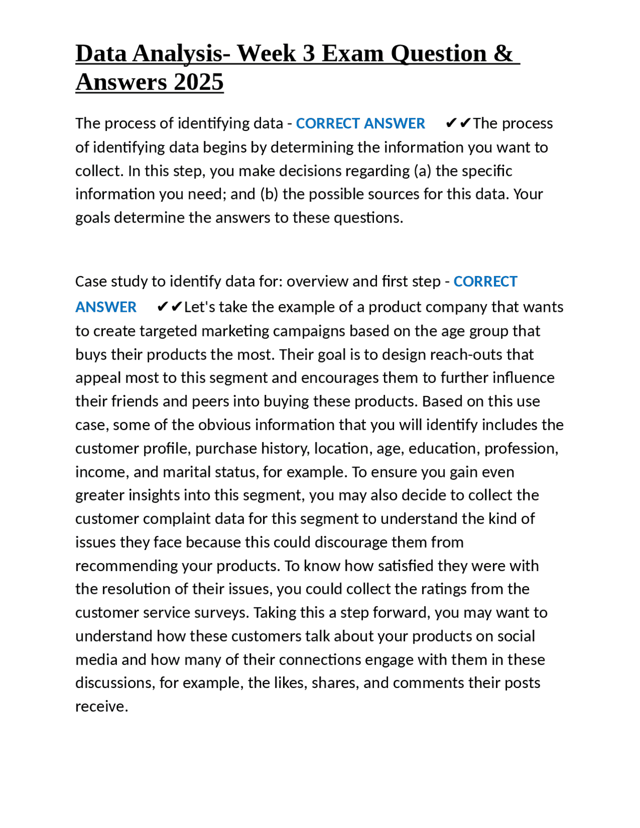 Data Analysis- Week 3 Exam Question & Answers 2025 | Exams Nursing | Docsity