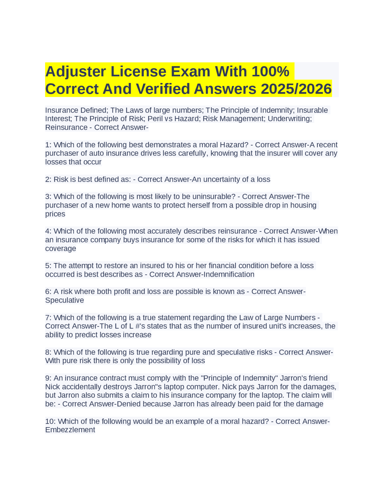 Adjuster License Exam With 100% Correct And Verified Answers 2025/2026 ...