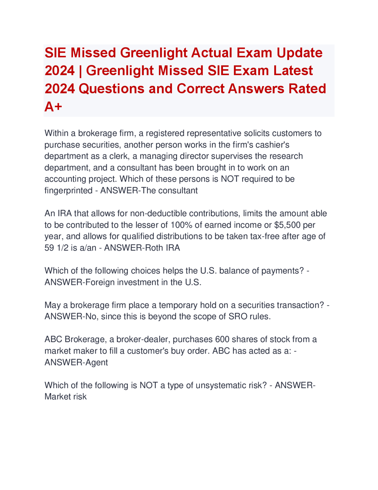 SIE Exam Practice Questions and Answers 2024 | Exams Accounting | Docsity
