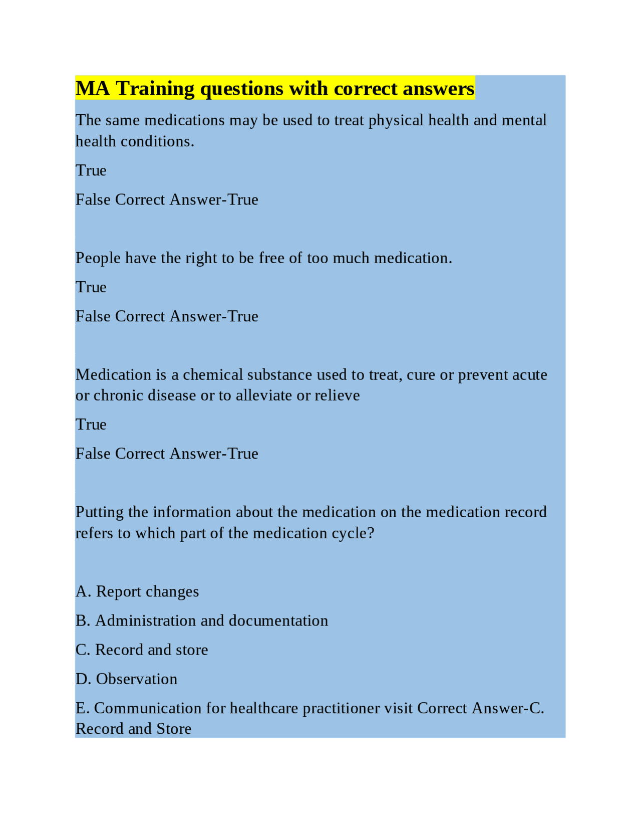 MA Training questions with correct answers | Exams Nursing | Docsity