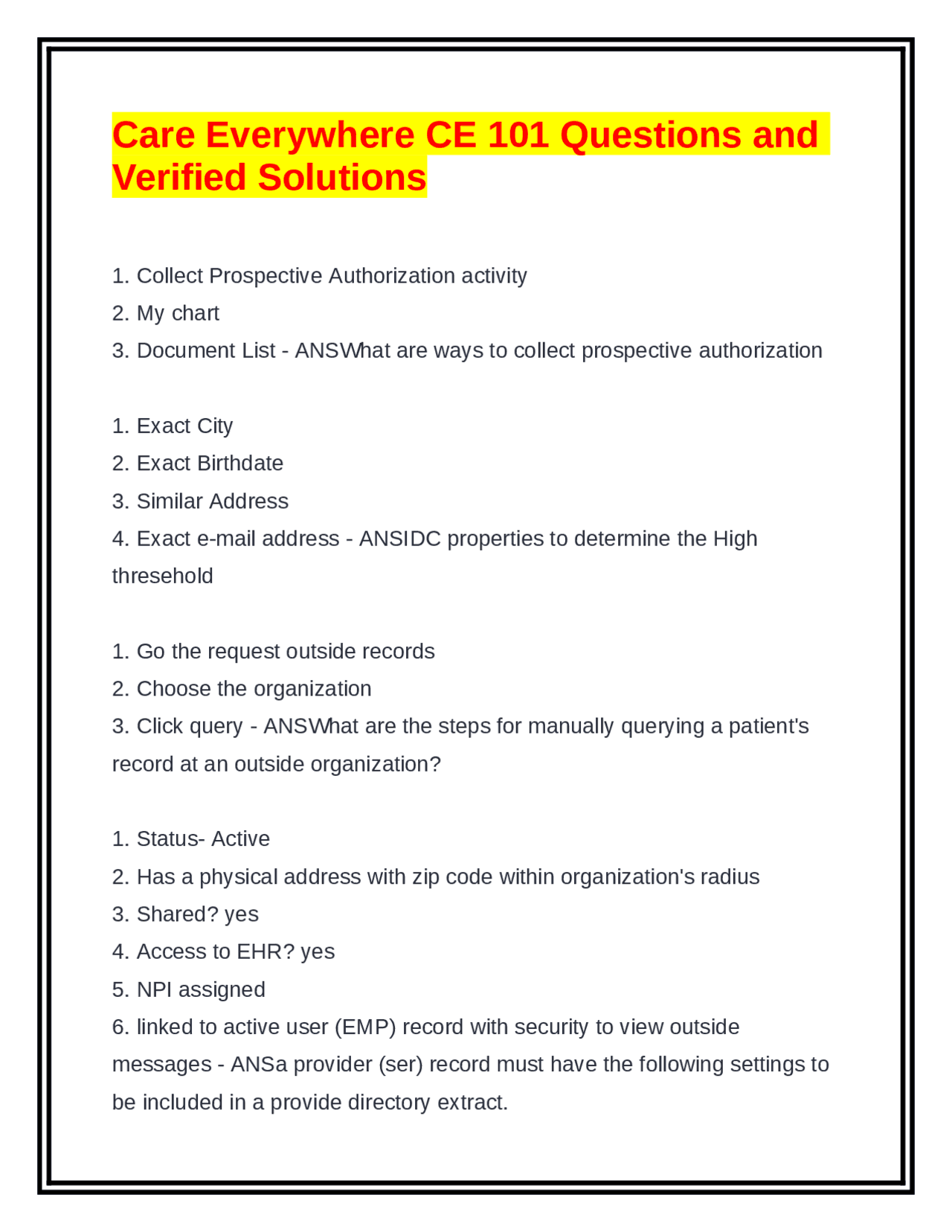 Care Everywhere CE 101 Questions and Verified Solutions | Exams Health ...