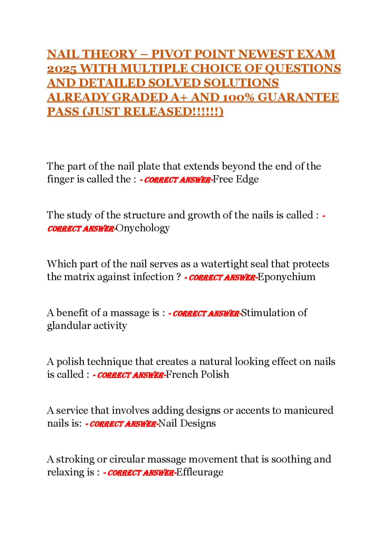 NAIL THEORY – PIVOT POINT NEWEST EXAM 2025 WITH MULTIPLE CHOICE OF ...