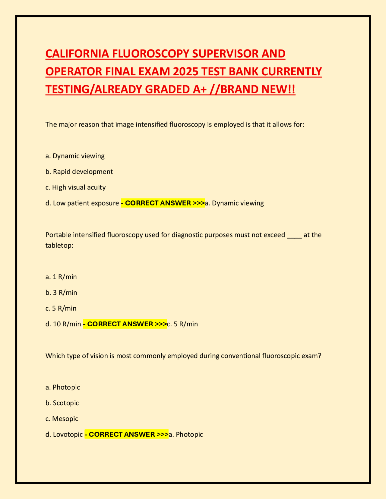 CALIFORNIA FLUOROSCOPY SUPERVISOR AND OPERATOR FINAL EXAM 2025 TEST ...