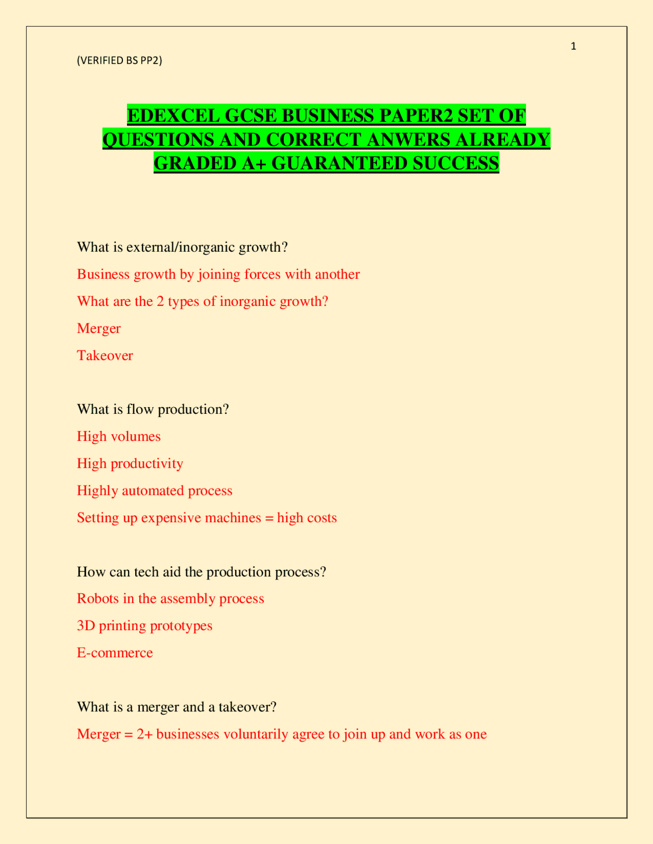 EDEXCEL GCSE BUSINESS PAPER 2 SET OF QUESTIONS AND CORRECT ANSWERS ...