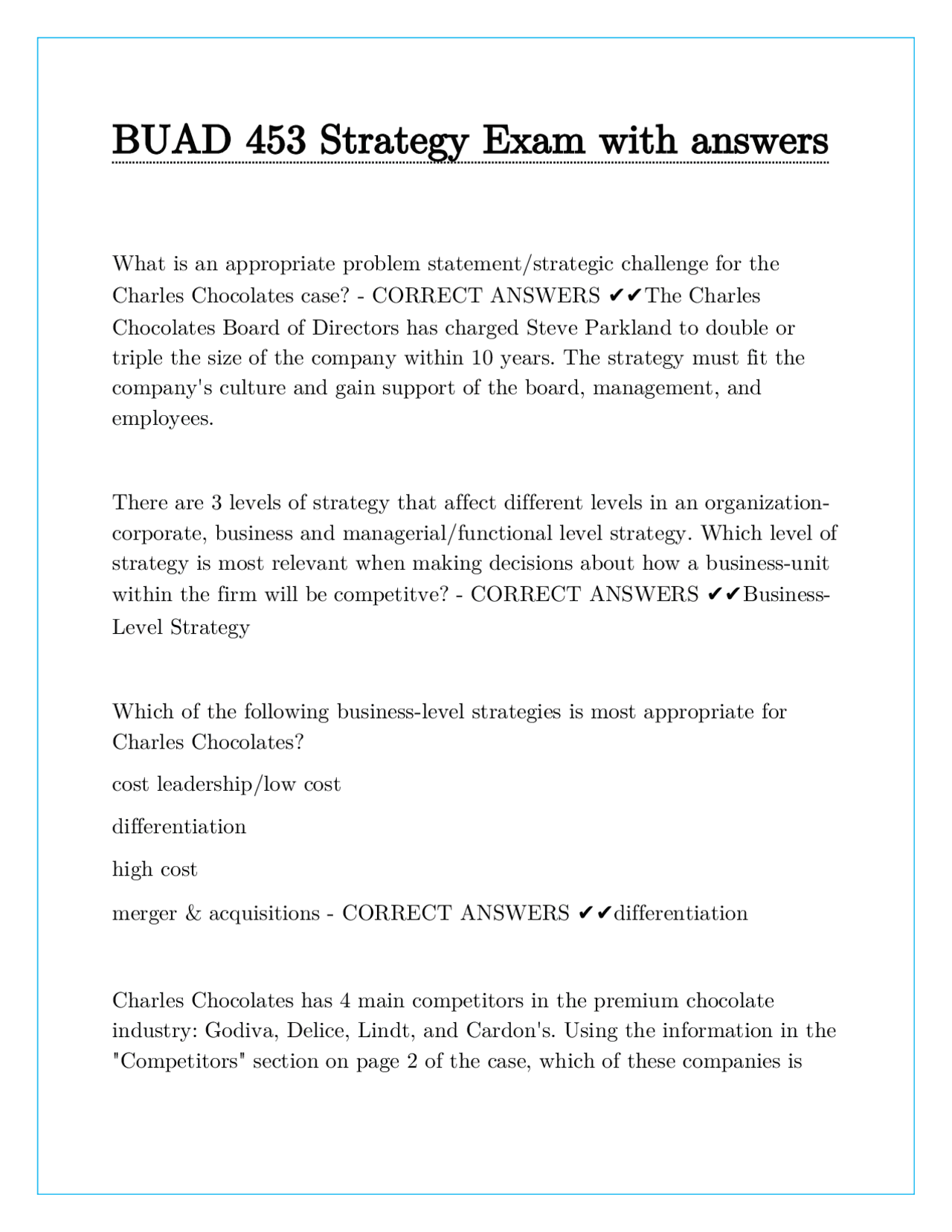 Business Strategy Exam Questions and Answers | Exams Business Economics ...