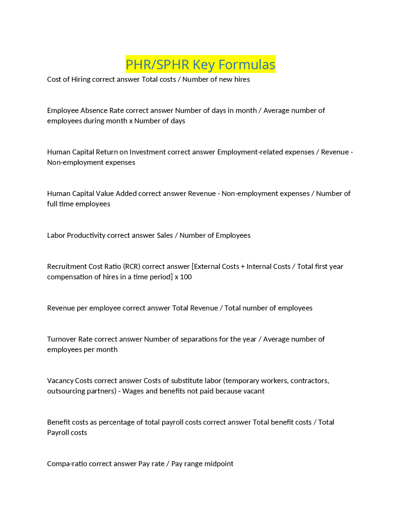 PHR/SPHR Key Formulas Sample Questions | Exams Business Informatics ...