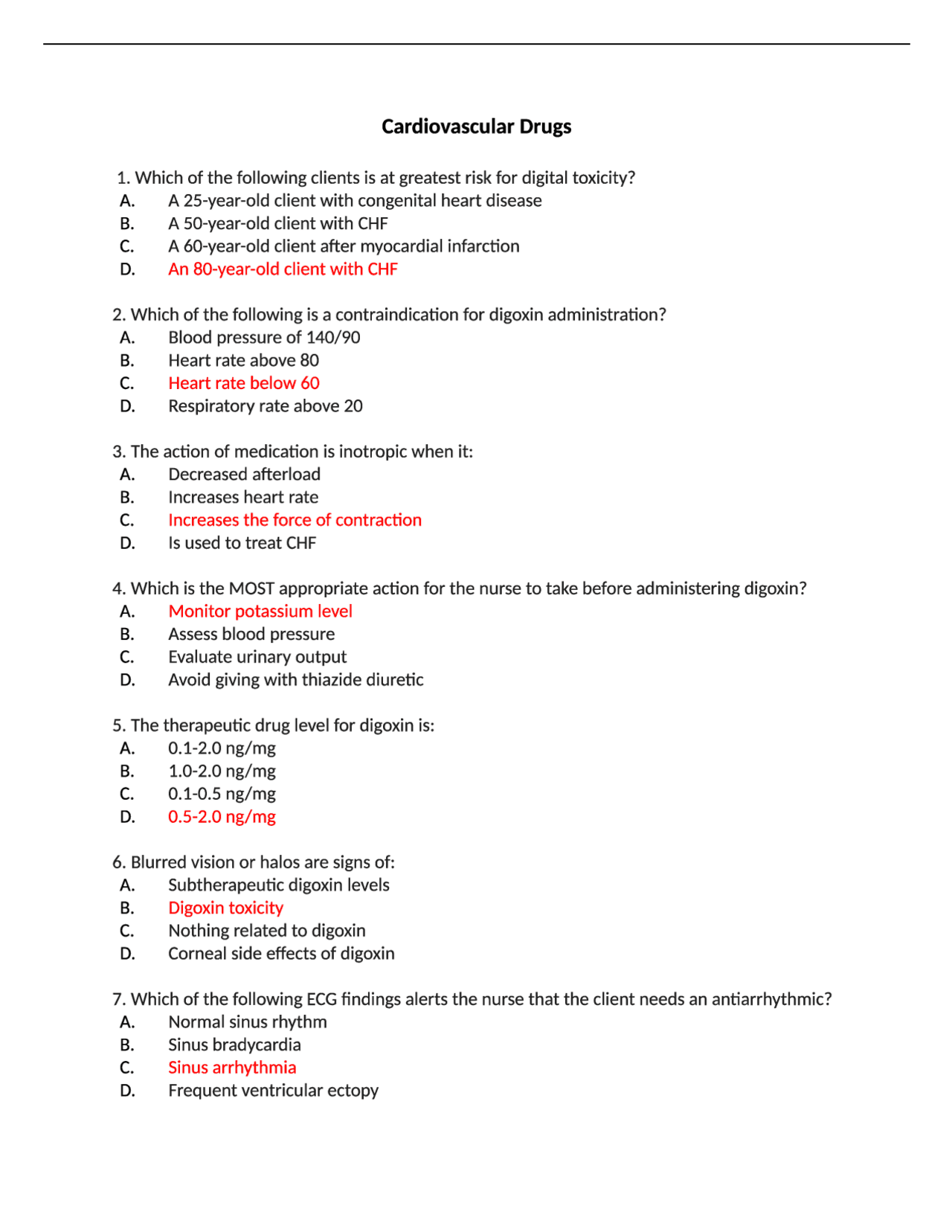 Cardiovascular Drugs Test Questions & Answers | Exams Medicine | Docsity