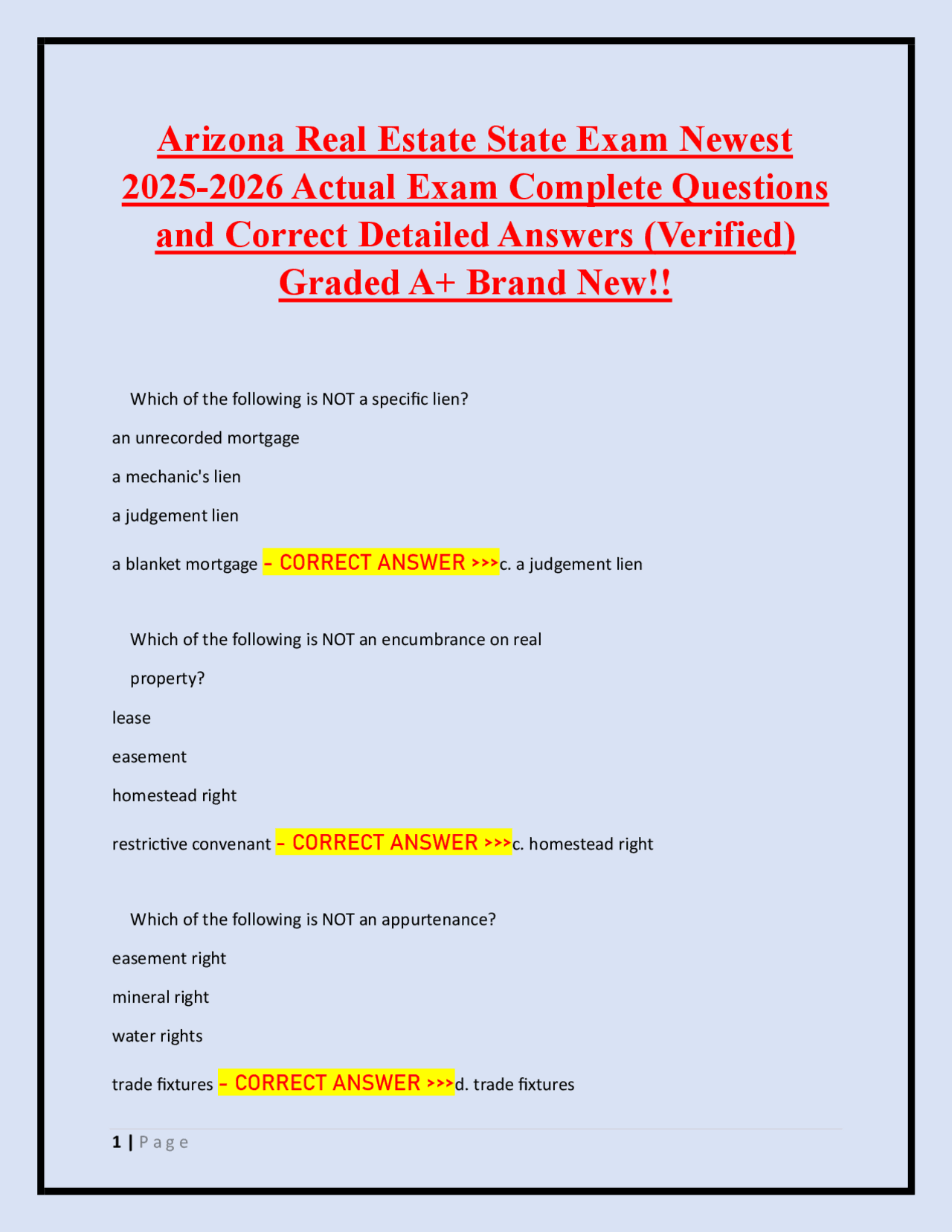 Arizona Real Estate State Exam Newest 2025-2026 Actual Exam Complete ...