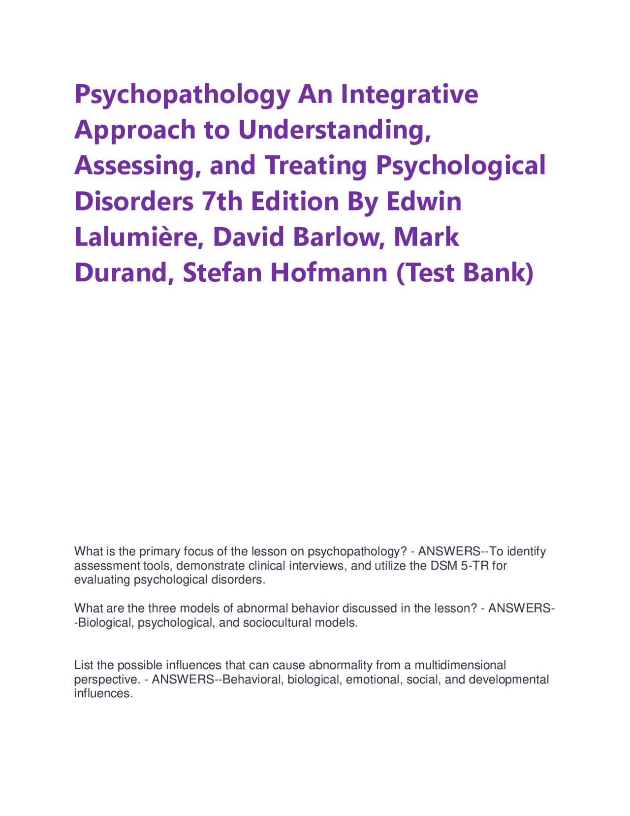 Psychopathology An Integrative Approach to Understanding, Assessing ...
