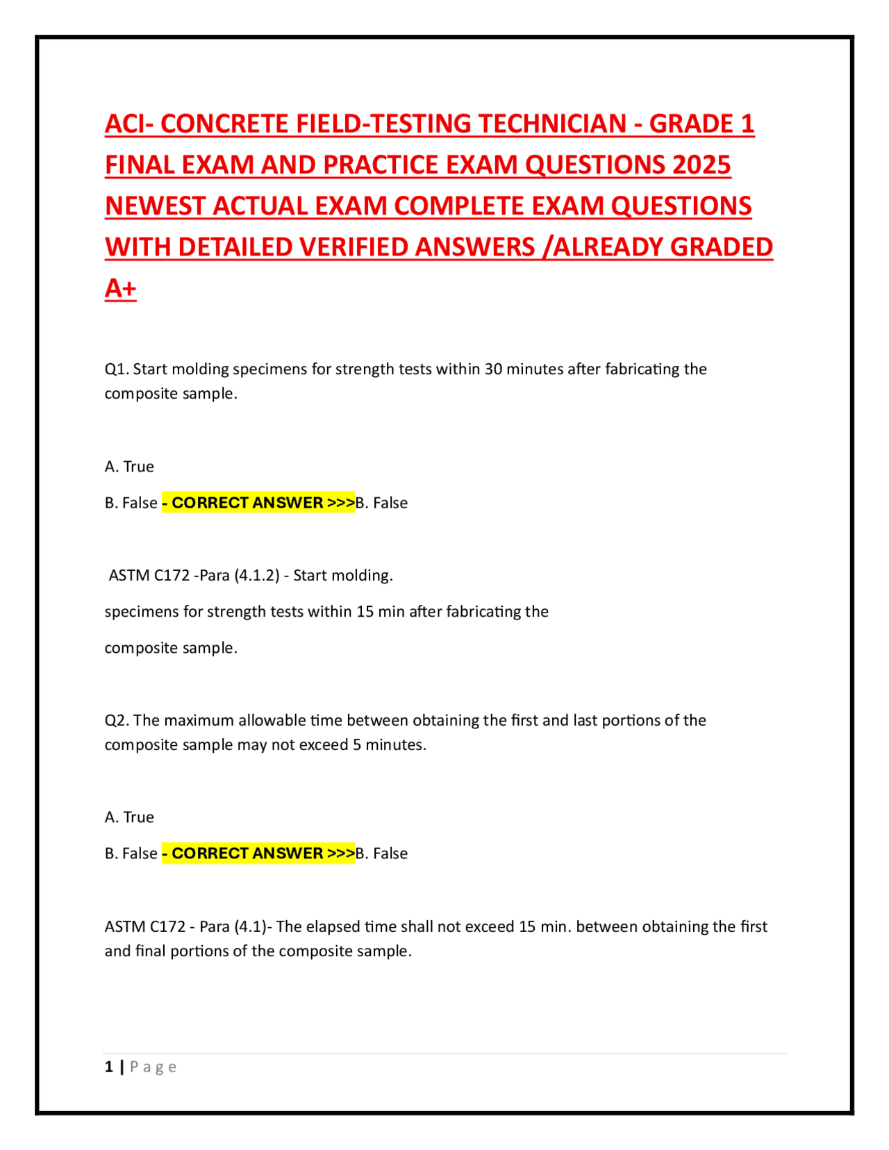 ACI- CONCRETE FIELD-TESTING TECHNICIAN - GRADE 1 FINAL EXAM AND ...