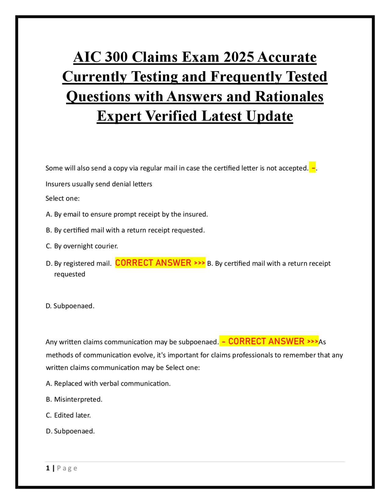 AIC 300 Claims Exam 2025 Accurate Currently Testing and Frequently ...