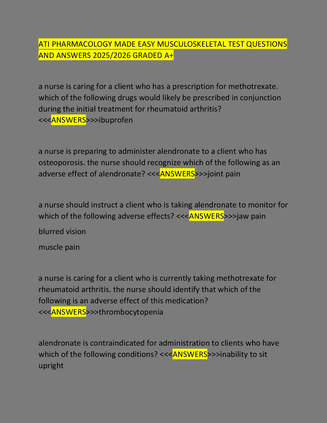 ATI PHARMACOLOGY MADE EASY MUSCULOSKELETAL TEST QUESTIONS AND ANSWERS ...