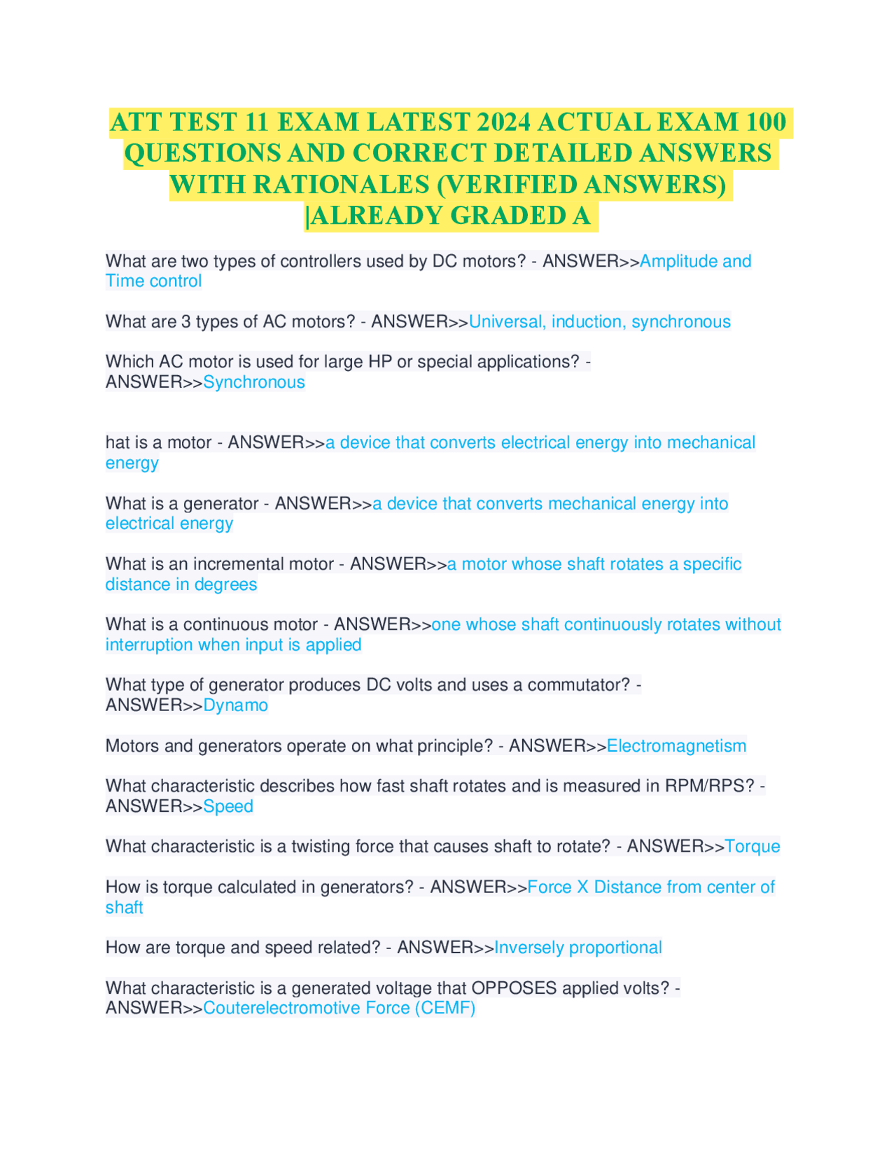 ATT TEST 11 EXAM LATEST 2024 ACTUAL EXAM 100 QUESTIONS AND CORRECT ...