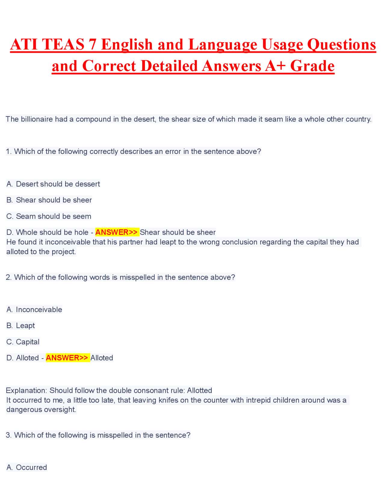 ATI TEAS 7 English and Language Usage Questions and Correct Detailed ...