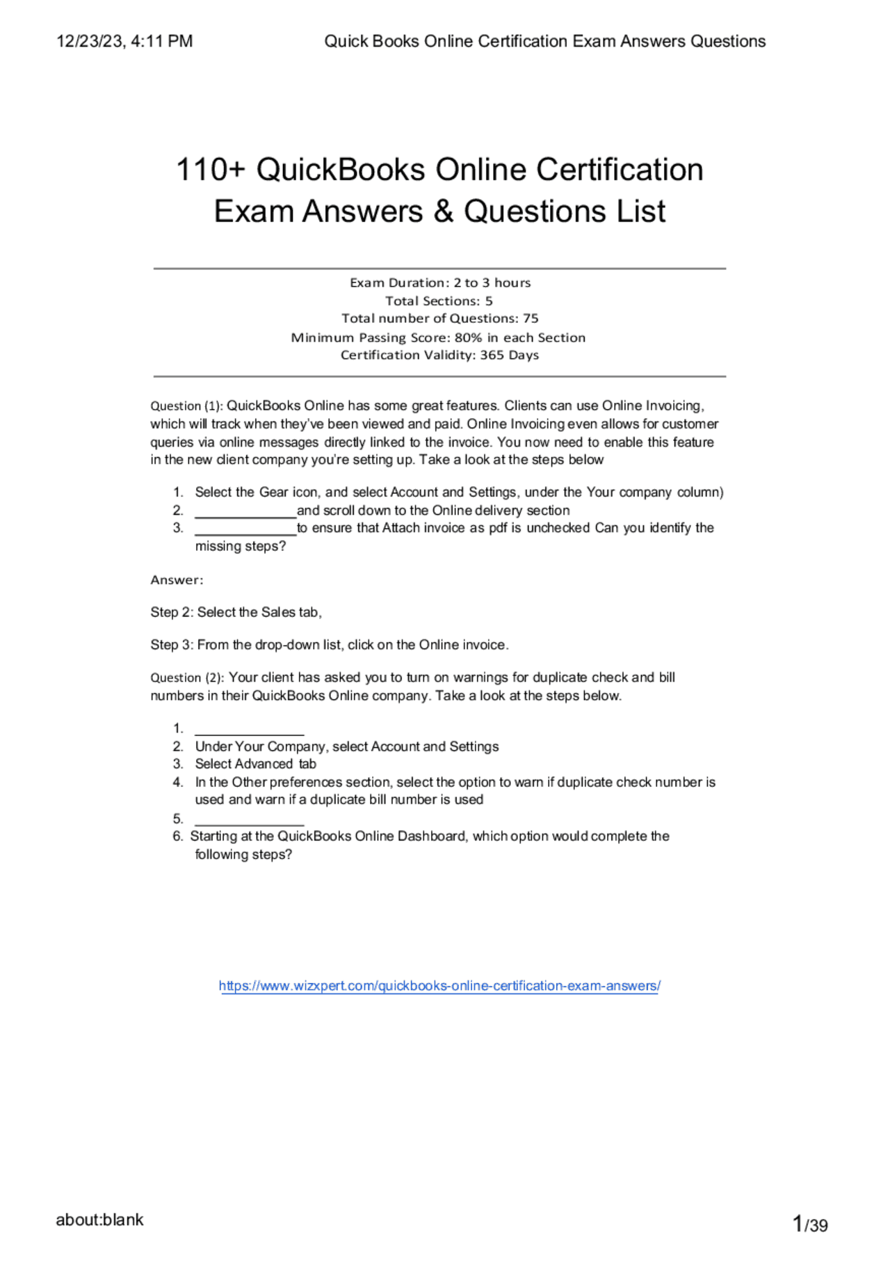 QuickBooks Online Certification Exam Answers & Questions List | Exams Computer Communication ...