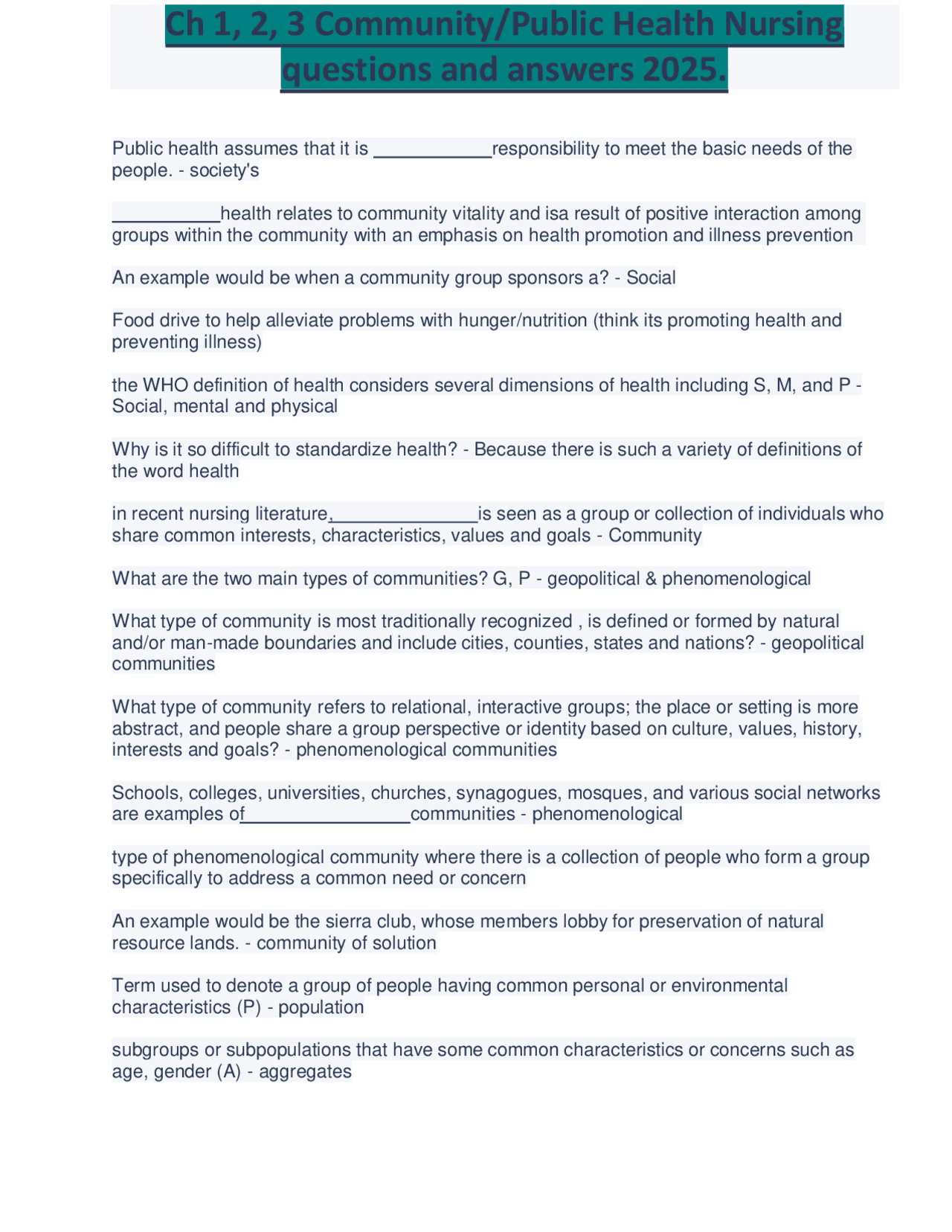 Ch 1, 2, 3 Community/Public Health Nursing questions and answers 2025 ...